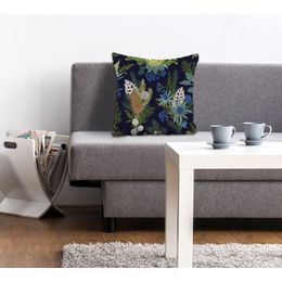 Dekokissen queence "Camilla", bunt (braun, grün, blau, bedruckt), B:40cm L:40cm, Polyester, Dekokissen_Sitzkissen_Kissenhüllen, Kissenhülle,Blumen,Pflanzen,Tannenzapfen,Naturmotiv,Botanisch
