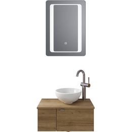 Badmöbel-Set SAPHIR "Serie 6915", braun (riviera eiche, riviera eiche), B:61cm H:200cm T:35cm, Kastenmöbel-Sets, Gäste-Bad, 61 cm breit, mit LED-Spiegel, offenem Fach und 2 Türen