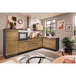 Winkelküche BASIC BY BALCULINA "Jazz", braun (küche: natur, korpus: anthrazit, arbeitsplatte: metallic graubraun), B:320cm H:200cm T:60cm, Komplettküchen-Sets, Küchenzeile, Stellbreite 320/175 cm, wahlweise mit E-Geräten