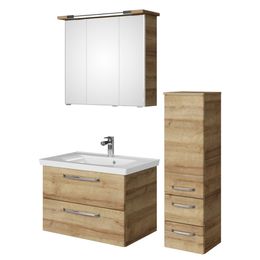 Badmöbel-Set SAPHIR "Badmöbel-Set Trentino 3-tlg Mineralmarmorwaschtisch,LED-Spiegelschrank", braun (riviera eiche quer nb), Kastenmöbel-Sets, Badezimmer-Set mit Midischrank inkl. Türdämpfer