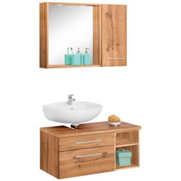 Badmöbel-Set Welltime "Davos", braun (eichefarben), Siphonausschnitt links, Holzwerkstoff, MDF, Melamin, Kastenmöbel-Sets, inklusive Beleuchtung, Hängeschrank und Waschbeckenunterschrank