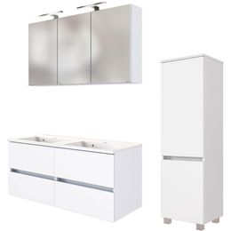 Badmöbel-Set Welltime "Welltime Möbel Baabe Waschtisch-Set 3tlg. oder 5tlg.", weiß (matt weiß), Set 4 3tlg.: Waschtisch 120cm breit, Spiegelschrank 120cm breit, Midischrank, Holzwerkstoff, Kastenmöbel-Sets, gedämpfte Scharniere und Softclose-Funktion, inklusive LED-Beleuchtung