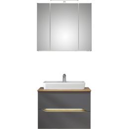 Badmöbel-Set SAPHIR "Quickset 2-teilig, Keramik-Aufsatzbecken mit LED-Spiegelschrank", grau (quarzgrau matt touch, quarzgrau matt, akzent riviera eiche quer nb), Kastenmöbel-Sets, Waschplatz 80 cm breit, inkl. Türdämpfer, 3 Türen, 2 Schubladen