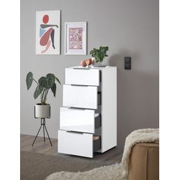 HBZ-MEBLE Kommode HBZ "Santorin Mehrzweckschrank mit Schubkästen, BxHxT 45x99x40 cm", weiß, B:45 H:99 T:40, Holzwerkstoff, Sideboards, Mit 4 Schubkästen mit Softclose, Glasfront und Glasoberboden