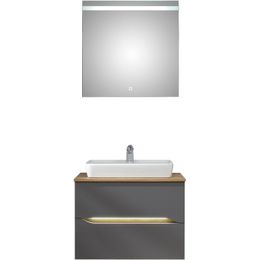 Badmöbel-Set SAPHIR "Quickset 2-teilig, Keramik-Aufsatzbecken mit LED-Spiegel", grau (quarzgrau matt touch, quarzgrau matt, akzent riviera eiche quer nb), Kastenmöbel-Sets, Waschplatz 73 cm breit, inkl. Türdämpfer, 2 Schubladen