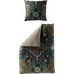 Wendebettwäsche Jekatex "MERAN", grün (farn), B/L: 155cm x 220cm, 1 Stk., 1 Stk., Mako-Satin, B/L: 80cm x 80cm, 2 Stk., Mako-Satin, Obermaterial: 100% Baumwolle, Bettwäsche, Bettwäsche-Set aus 100% Baumwolle