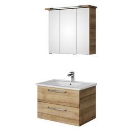Badmöbel-Set SAPHIR "Trentino 2-teilig Keramik-Waschtisch, Spiegelschrank mit LED-Profil", braun (riviera eiche quer nb), Kastenmöbel-Sets, Badmöbel-Set 79cm breit, inkl. Türdämpfer, 3 Türen, 2 Auszügen