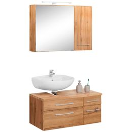 Badmöbel-Set Welltime "Davos", braun (eichefarben), Siphonausschnitt links, Holzwerkstoff, MDF, Melamin, Kastenmöbel-Sets, mit LED-Beleuchtung, Hängeschrank und Waschbeckenunterschrank