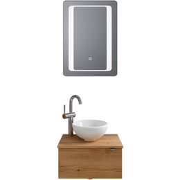 Badmöbel-Set SAPHIR "Serie 6915", braun (halifax eiche, halifax eiche), B:51cm H:200cm T:35cm, Kastenmöbel-Sets, Gäste-Bad, 51 cm breit, mit LED-Spiegel und 1 Tür