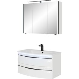 Badmöbel-Set SAPHIR "Serie 7045 2-teilig Mineralmarmor-Waschtisch mit LED-Spiegelschrank", weiß (weiß hochglanz), B:93,2cm H:200cm T:50,1cm, Spanplatte, Kastenmöbel-Sets, Badezimmer-Set 93,2 cm breit, inkl. Türdämpfer, 3 Türen, 2 Schubladen