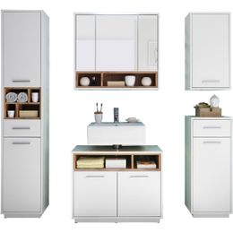 Badmöbel-Set BASIC BY BALCULINA "Mila, Badezimmerset BxHxT 156x191x40 cm", weiß (weiß, weiß, wildeiche), B:156cm H:190cm T:40cm, Kastenmöbel-Sets, Breite 156 cm,Badezimmerset 5-tlg, FSC-Mix 70%