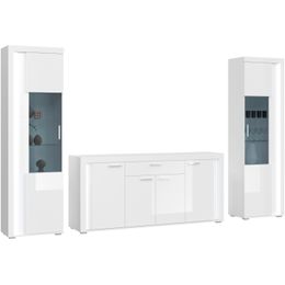 Wohnwand Inosign "Viborg, 3-teiliges Set, inkl. vertikaler Frontbeleuchtung, best. aus:", weiß (weiß nb, weiß hochglanz), B:332cm H:202cm T:42cm, Kastenmöbel-Sets, 2x Vitrine und Sideboard, Wohnkombination, Wohnzimmer-Set, Esszimmer
