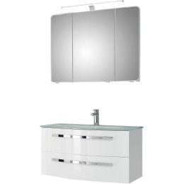 Badmöbel-Set SAPHIR "Serie 4005, vormontiert, Glaswaschbecken, Spiegelschrank", weiß (lack polarweiß hochglanz), B:920cm H:2.000cm T:491cm, Holzwerkstoff, Kastenmöbel-Sets, Badezimmer-Set mit Unterschrank, Hängeschrank, inkl. Türdämpfer