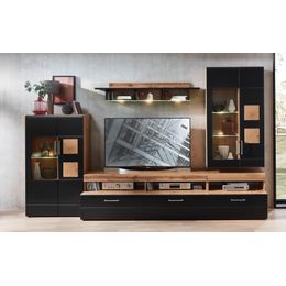 Wohnwand Innostyle "Sonate", schwarz (absetzung hirnholz nb, eiche altholz nb), B:330cm H:208cm T:52cm, Glas, Holzwerkstoff, Kastenmöbel-Sets, inkl. LED-Beleuchtung