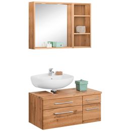 Badmöbel-Set Welltime "Davos", braun (eichefarben), Siphonausschnitt links, Holzwerkstoff, MDF, Melamin, Kastenmöbel-Sets, Spiegel inklusive Beleuchtung, Regal und Waschbeckenunterschrank