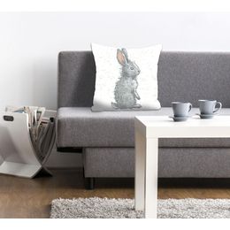 Dekokissen queence "Corinne", grau (grau, bedruckt), B:40cm L:40cm, Polyester, Dekokissen_Sitzkissen_Kissenh&uuml;llen, mit einem Hasen im Schnee