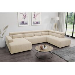 Wohnlandschaft DOMO collection "Brandon, whlw. mit Sitztiefenverstellung, inkl. Nierenkissen", beige (creme), B:359cm H:80cm T:228cm, Kunstleder SOFTLUX;Luxus-Microfaser in Antikleder-Optik (100% Polyester);Luxus-Microfaser (100% Polyester), Sofas, mit Sitztiefenverstellung, Cord, creme