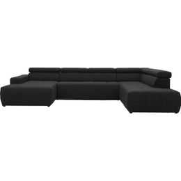 Wohnlandschaft DOMO collection "Brandon, whlw. mit Sitztiefenverstellung, inkl. Nierenkissen", schwarz, B:359cm H:80cm T:228cm, Kunstleder SOFTLUX;Luxus-Microfaser in Antikleder-Optik (100% Polyester);Luxus-Microfaser (100% Polyester), Sofas, mit Kopfteilverstellung, wahlweise Sitztiefenverstellung, U-Form