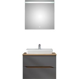 Badmöbel-Set SAPHIR "Quickset 2-teilig, Keramik-Aufsatzbecken mit LED-Spiegel", grau (quarzgrau matt touch, quarzgrau matt, akzent riviera eiche quer nb), Kastenmöbel-Sets, Waschplatz 73 cm breit, inkl. Türdämpfer, 2 Schubladen