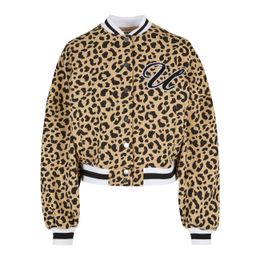 Sweatjacke Urban Classics "Urban Classics Damen Ladies AOP Oversized College Sweat Jacket", Damen, Gr. L, beige (unionbeigeleo, schwarz), 65% Baumwolle, 35% Polyester, Sweatjacken