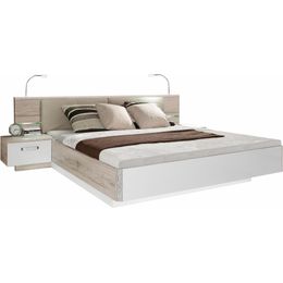 Schlafzimmer-Set FORTE "Rondino, Bett + 2 Nachttische+ LED, gepolstertes Kunstleder Kopfteil", bunt (sandeichefarben, weiß hochglanz), B:286 H:92 T:210, Holzwerkstoff, Schlafzimmermöbel-Sets, Bettgestell, Hochglanz mit Sandeiche, wahlweise mit Bettbank