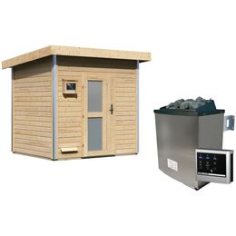 Saunahaus Karibu "Ralf", beige (naturbelassen), Saunaofen, externe Steuerung, 9 kW, Saunen, Milchglastür, Ofen 9 KW externe Strg easy