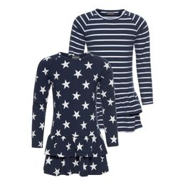 Jerseykleid Kidsworld "2er Pack für kleine Mädchen", Mädchen, Gr. 116/122, N-Gr, blau (marine), Jersey, Obermaterial: 95% Baumwolle, 5% Elasthan, bedruckt, geringelt, kniefrei, Rundhals, Raglanärmel abgesteppte Kante, Kleider, festliche Anlässe, kniefrei, verspielt, aus Jersey, Langarm