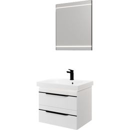 Badmöbel-Set SAPHIR "Balto 2-teilig Mineralmarmor-Waschtisch mit LED-Spiegel, Waschplatz", weiß (weiß hochglanz mit schwarzer einlage), B:64,4cm H:200cm T:46cm, Spanplatte, Kastenmöbel-Sets, 64,4 cm breit, mit 2 Schubladen, Badschrank inkl. Schubladendämpfer