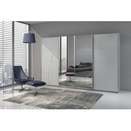 Schwebetürenschrank Rauch "Kleiderschrank Schrank Garderobe Wäscheschrank Ankleide SYNCRONO", grau (seidengrau, spiegel), B:361cm H:230cm T:62cm, Schränke, mit Synchronöffnung