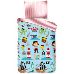 Babybettwäsche Good Morning "Caribbean", blau (türkis), B/L: 100cm x 135cm, 1 Stk., 1 Stk., Renforcé, B/L: 60cm x 40cm, 2 Stk., Renforcé, Obermaterial: 100% Baumwolle, Bettwäsche, Baumwolle, Reißverschluss, Wende, Baby, Kind, Junge, Piraten, Türkis