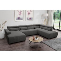Wohnlandschaft DOMO collection "Brandon, whlw. mit Sitztiefenverstellung, inkl. Nierenkissen", grau, B:359cm H:80cm T:228cm, Kunstleder SOFTLUX;Luxus-Microfaser in Antikleder-Optik (100% Polyester);Luxus-Microfaser (100% Polyester), Sofas, ohne Sitztiefenverstellung, Cord, grau