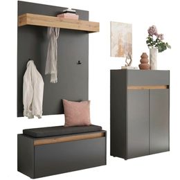 Garderoben-Set Inosign "City/Giron, moderne Garderobe, viel Stauraum, ca. 24 Schuhe", grau (anthrazit), B:185cm T:35cm, Holzwerkstoff, Kastenmöbel-Sets, enthält Schuhschrank, Garderobenpaneel & Garderobenbank mit Sitzkissen