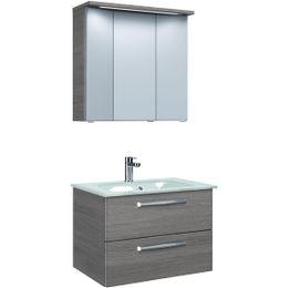 Badmöbel-Set SAPHIR "Trentino 2-teilig Glas-Waschtisch mit LED-Spiegelschrank", grau (graphit struktur quer nb), Kastenmöbel-Sets, Badmöbel-Set 77cm breit, inkl. Türdämpfer, 3 Türen, 2 Auszügen