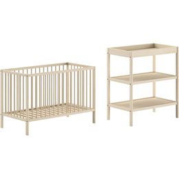 Babymöbel-Set Vipack "Dino ist das ideale Start Set für Ihr Kind aus massiver Buche", beige (natur), ohne Matratze, B/H: 60cm x 120cm, Schlafzimmermöbel-Sets, Babybett u. Wickelregal inkl., wahlweise in 3 Farben erhältlich