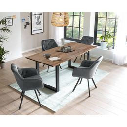 Essgruppe Salesfever "Stilvolle Essgruppe", grau (walnuss, grau, schwarz, grau, schwarz), Samt, Esstisch Nussbaum, Esszimmerstuhl grau,90 + Drehfunktion, Massivholz, Sitzmöbel-Sets, 5-teilige Sitzgruppe mit 360 Drehplatte und echter Baumkante