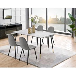Essgruppe LEONIQUE "Eadwine, TOPSELLER Tisch plus 4 Stühle, Sitzgruppe", grau (hellgrau,), Marmorfarbener Esstisch, Sitzmöbel-Sets, bestehend aus Esstisch 160 cm und 4 Esszimmerstühlen, Polsterstühlen