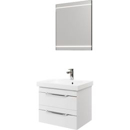 Badmöbel-Set SAPHIR "Balto 2-teilig Mineralmarmor-Waschtisch mit LED-Spiegel, Waschplatz", weiß (weiß hochglanz mit chromeinlage), B:64,4cm H:200cm T:46cm, Spanplatte, Kastenmöbel-Sets, 64,4 cm breit, mit 2 Schubladen, Badschrank inkl. Schubladendämpfer