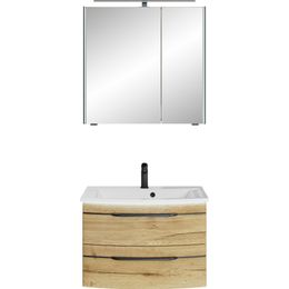 Badmöbel-Set SAPHIR "Serie 7045 2-teilig Mineralmarmor-Waschtisch mit LED-Spiegelschrank", braun (halifax eiche quer nachbildung), B:73,2cm H:200cm T:49,8cm, Spanplatte, Kastenmöbel-Sets, Badezimmer-Set 73,2 cm breit, inkl. Türdämpfer, 2 Türen, 2 Schubladen