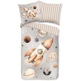 Kinderbettwäsche Good Morning "Exploree", grau (hellgrau), B/L: 135cm x 200cm, 1 Stk., 1 Stk., Renforcé, B/L: 80cm x 80cm, 2 Stk., Renforcé, Obermaterial: 100% Baumwolle, Bettwäsche, Baumwolle, Renforcé, Wendeoptik, Kind, Junge, Weltall, Rakete