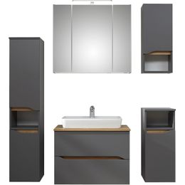 Badmöbel-Set SAPHIR "Quickset 5-teilig, Keramik-Aufsatzbecken und LED-Spiegelschrank", grau (quarzgrau matt touch, quarzgrau matt, akzent riviera eiche quer nb), Kastenmöbel-Sets, Midischrank, Unterschrank, Hängeschrank, inkl. Türdämpfer, 7 Türen