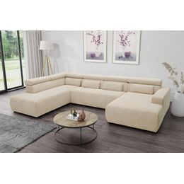 Wohnlandschaft DOMO collection "Brandon, whlw. mit Sitztiefenverstellung, inkl. Nierenkissen", beige (creme), B:359cm H:80cm T:228cm, Kunstleder SOFTLUX;Luxus-Microfaser in Antikleder-Optik (100% Polyester);Luxus-Microfaser (100% Polyester), Sofas, mit Sitztiefenverstellung, Cord, creme