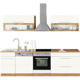 Küchenzeile KOCHSTATION "KS-Wien", weiß (küche: weiß, front: weiß, korpus: wotaneichefarben, arbeitsplatte: wotaneichefarben), B:270cm T:60cm, Komplettküchen-Sets, Küchenzeile, Breite 270 cm, wahlweise mit E-Geräten