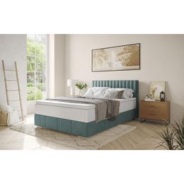 Boxbett Inosign "Thor mit Bettkasten, inkl. Matratze, Topseller", blau (velvet 87 petrol), B:146cm L:208cm, Komplettbetten, Boxspringbett, Topper und Zierkissen, in verschiedenen Härtegraden verfügbar
