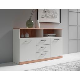 Sideboard Home Affaire "Ribe,130cm breit,80cm hoch,Oberplatte Holz massiv,6 Fächer", weiß (weiß, kernbuche), B:130cm H:80cm T:35cm, FSC-zertifizierter Holzwerkstoff, Massivholz, Sideboards, Oberplatte Kernbuche massiv,schwarze Metall Griffe
