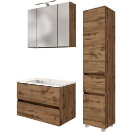 Badmöbel-Set Welltime "Welltime Möbel Baabe Waschtisch-Set 3tlg. oder 5tlg.", braun (wotaneiche), Set 6 3tlg.: Waschtisch 80cm breit, Spiegelschrank 80cm breit, Seitenschrank, Holzwerkstoff, Kastenmöbel-Sets, gedämpfte Scharniere und Softclose-Funktion, inklusive LED-Beleuchtung