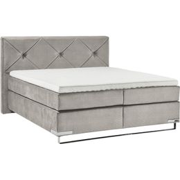 Boxspringbett "Dubai", grau (d 041 grau), B:197cm L:214cm, Gallery M BRANDED BY MUSTERRING, Komplettbetten, Boxspringbett, Kufe in Chrom, 3 H&auml;rtegrade, Kopfteil mit Knopfheftung