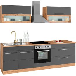 Küchenzeile KOCHSTATION "KS-Wien", grau (küche: grau, front: anthrazit, korpus: wotaneichefarben, arbeitsplatte: wotaneichefarben), B:260cm T:60cm, Komplettküchen-Sets, Küchenzeile, Breite 260 cm, wahlweise mit E-Geräten