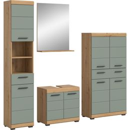 Badmöbel-Set Inosign "Siena, 4 teilig, bestehend aus:", grün (artisan eiche nb, salbei nb), B:186cm H:191cm T:34cm, Holzwerkstoff, MDF, Kastenmöbel-Sets, Hochschrank, Waschbeckenunterschrank, Badspiegel, Midischrank