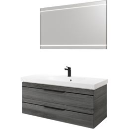 Badmöbel-Set SAPHIR "Balto 2-teilig Mineralmarmor-Waschtisch mit LED-Spiegel, 123 cm breit", grau (graphit struktur quer nachbildung mit schwarzer einlage), B:123cm H:200cm T:50,8cm, Spanplatte, Kastenmöbel-Sets, Waschplatz mit 2 Schubladen, Badschrank inkl. Schubladendämpfer