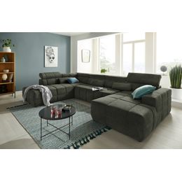 Wohnlandschaft DOMO collection "Brandon, whlw. mit Sitztiefenverstellung, inkl. Nierenkissen", grün (dunkelgrün), B:359cm H:80cm T:228cm, Kunstleder SOFTLUX;Luxus-Microfaser in Antikleder-Optik (100% Polyester);Luxus-Microfaser (100% Polyester), Sofas, mit Kopfteilverstellung, wahlweise Sitztiefenverstellung, U-Form